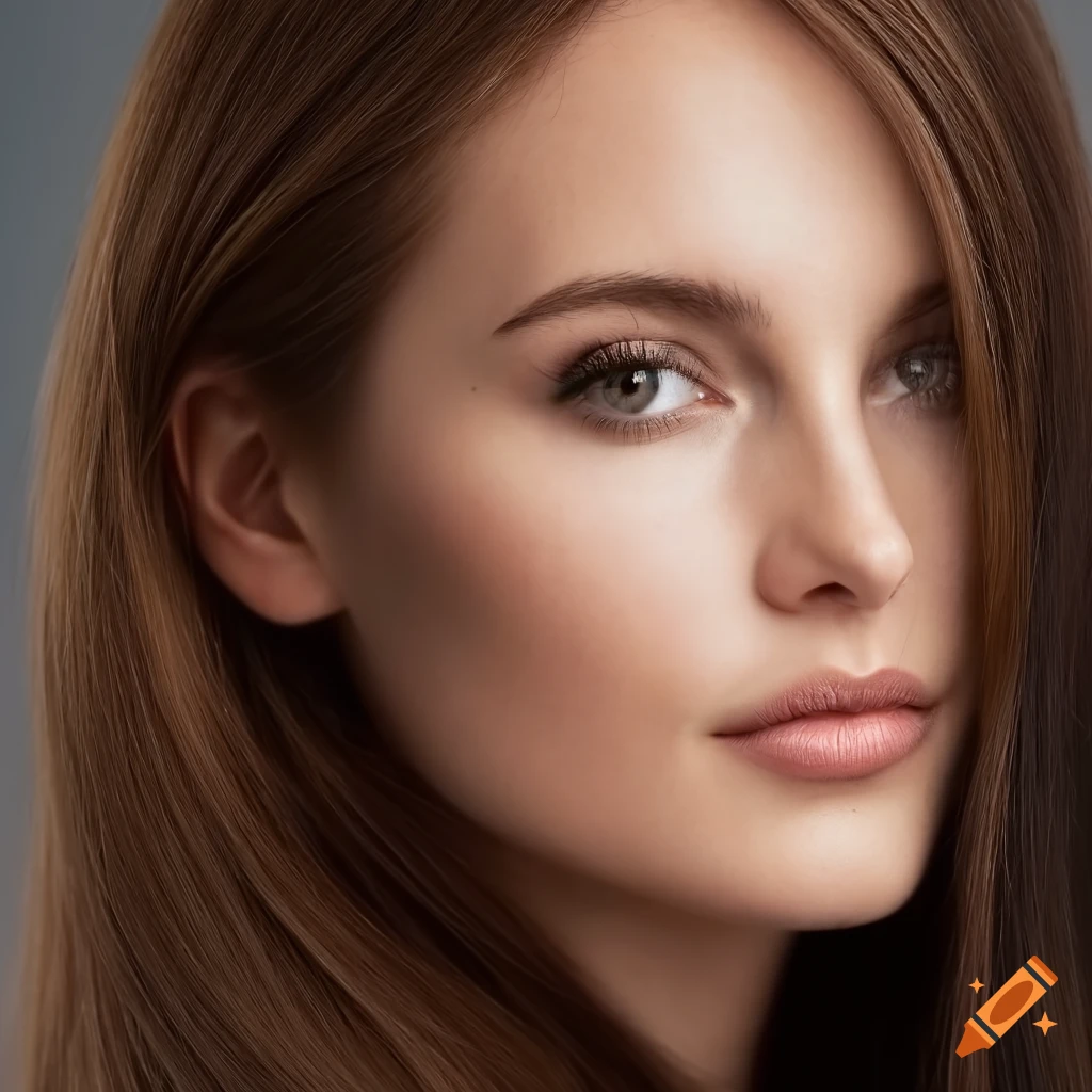 Portrait of a stoic European woman with brown hair and brown eyes on ...