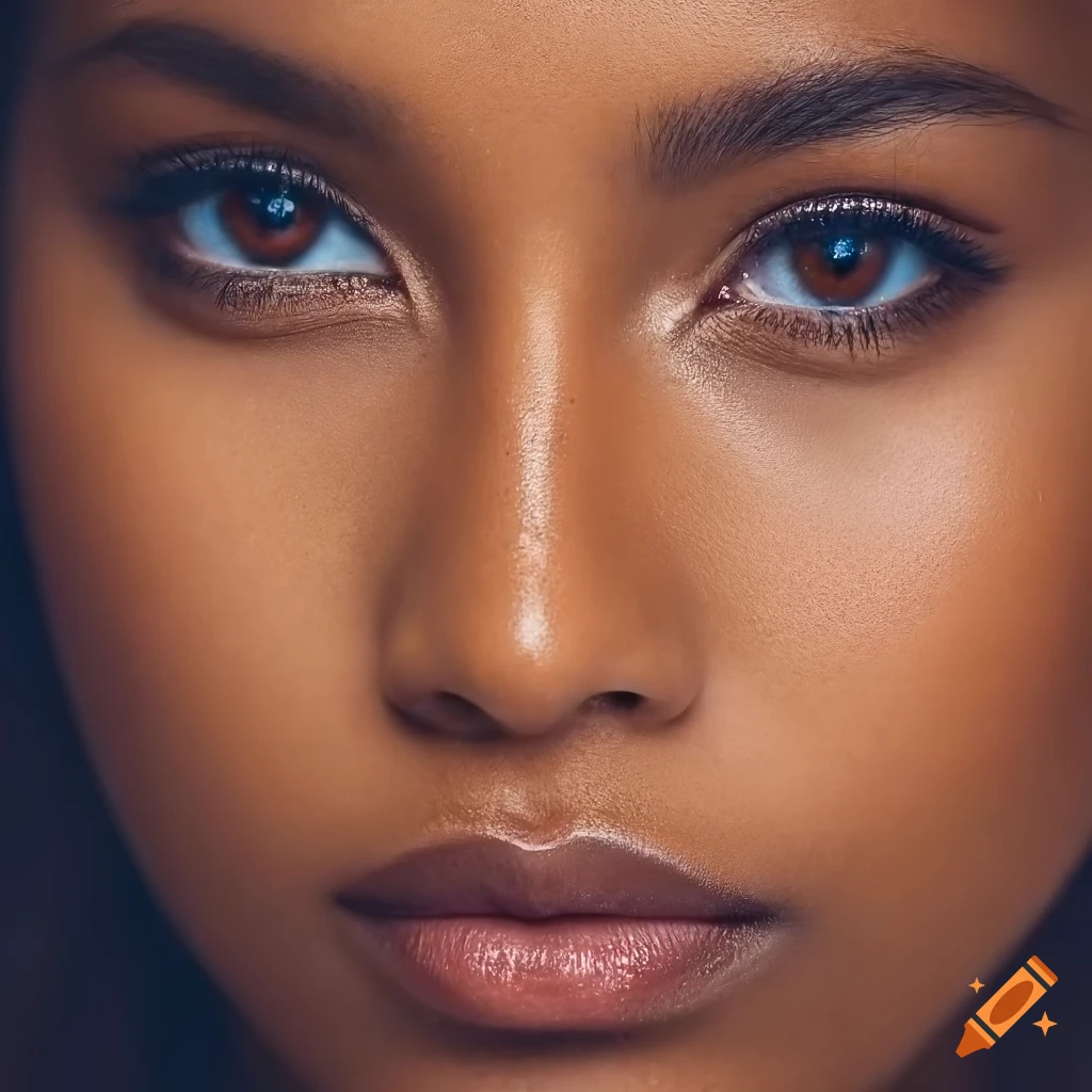 Close-up of a young woman's symmetrical attractive face on Craiyon