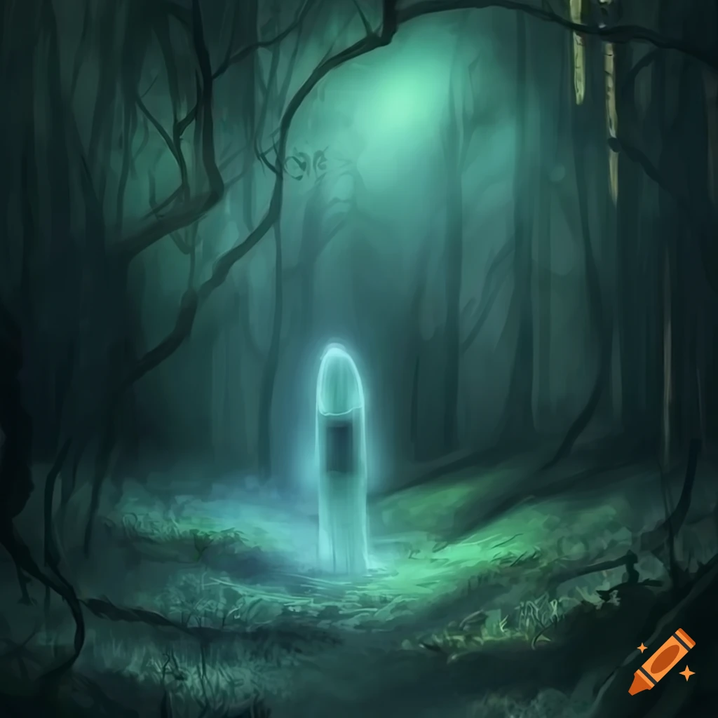 Glowing will-o'-the-wisp in a ghostly forest-path with a distant glow ...