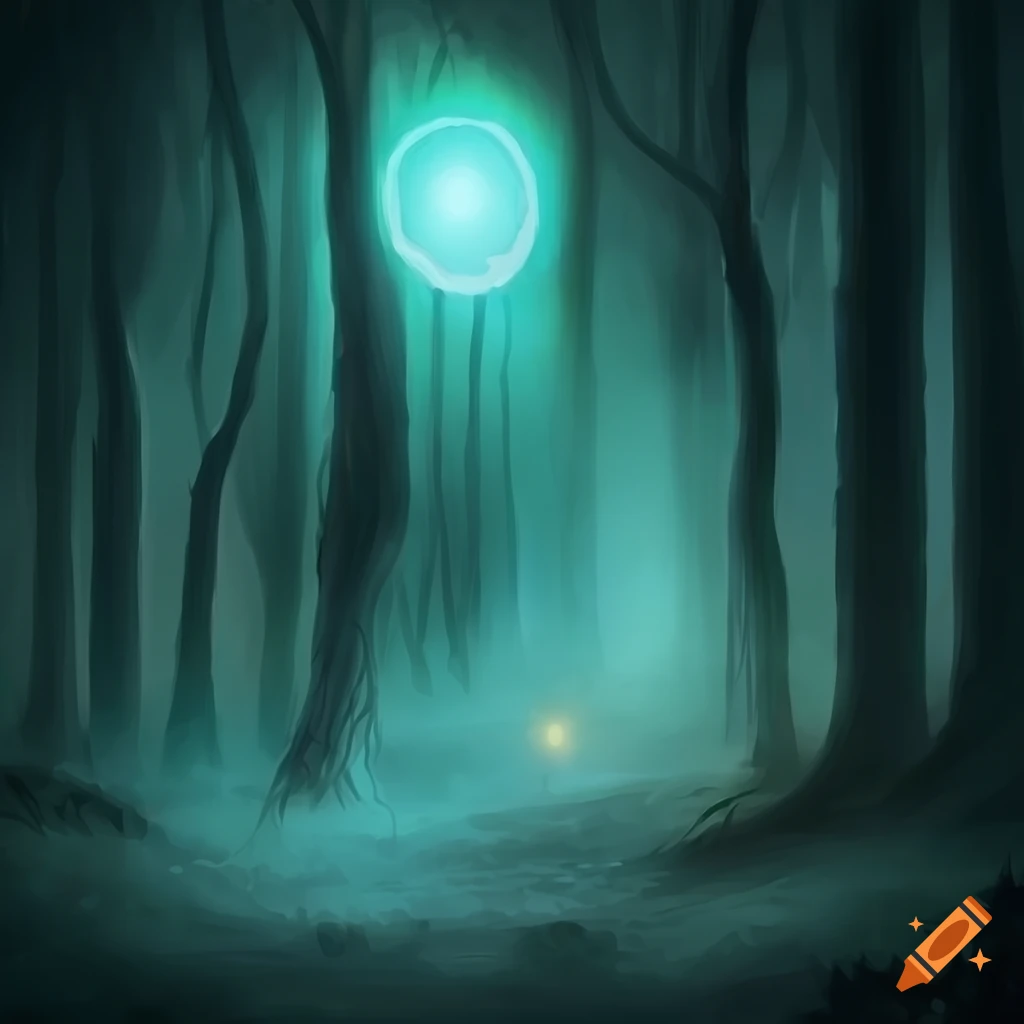 Glowing will-o'-the-wisp flying through a ghostly forest towards a ...
