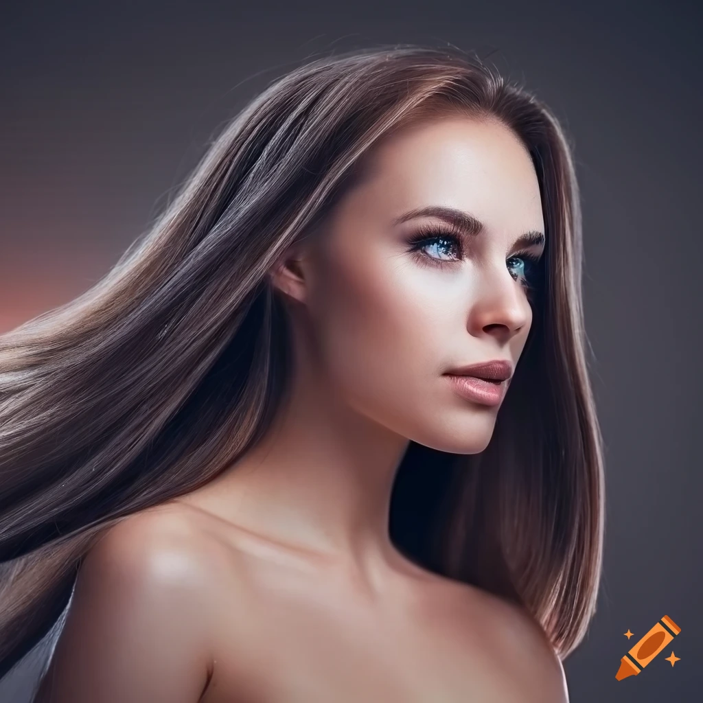 Stunning close-up of a woman with flowing hair and bronzed skin on Craiyon