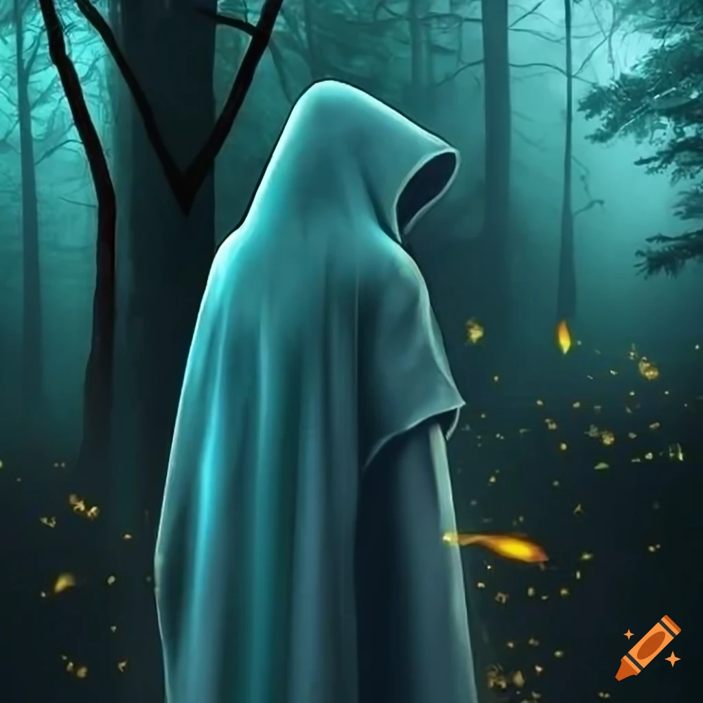 Figure in a detailed hooded cloak walking through an enchanted forest ...