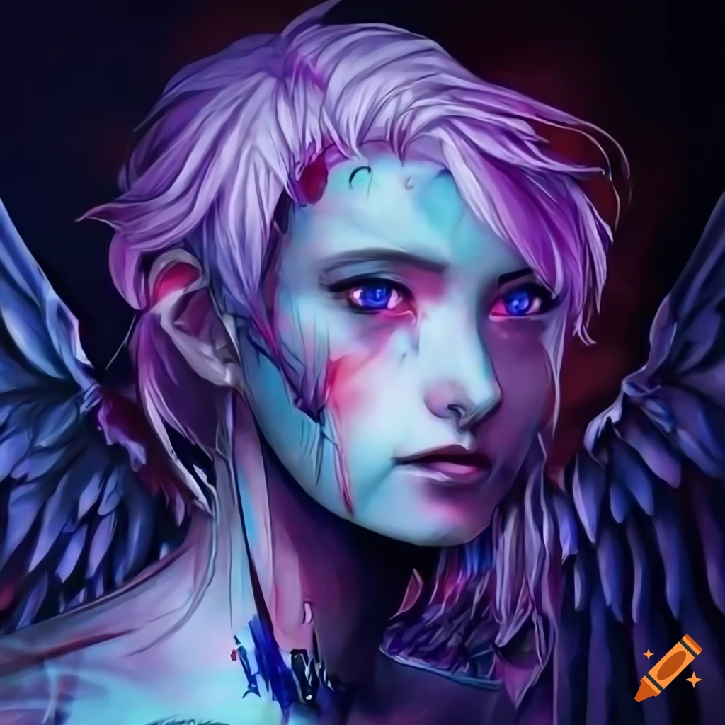 Androgynous fallen angel with halberd and intense eyes on a white ...