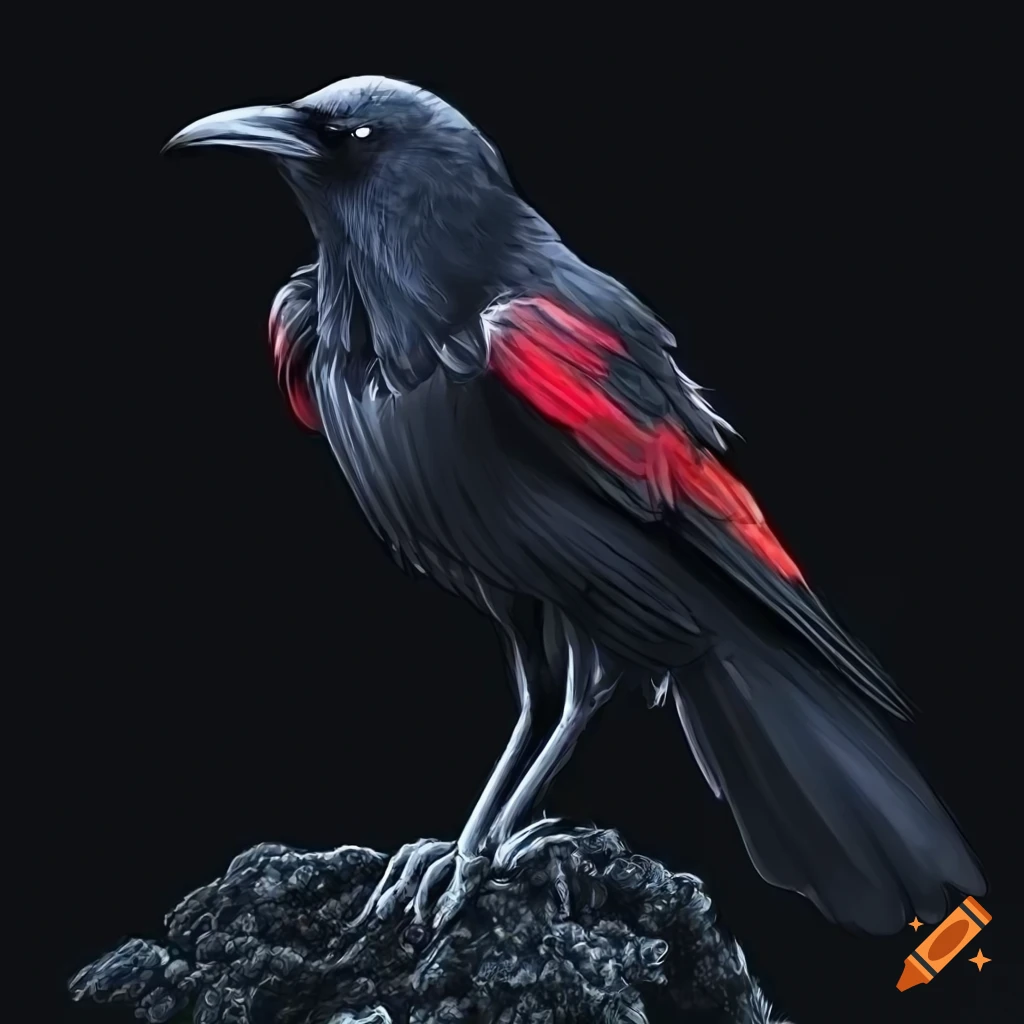 Detailed design of an adorable black and red crow with expressive eyes ...