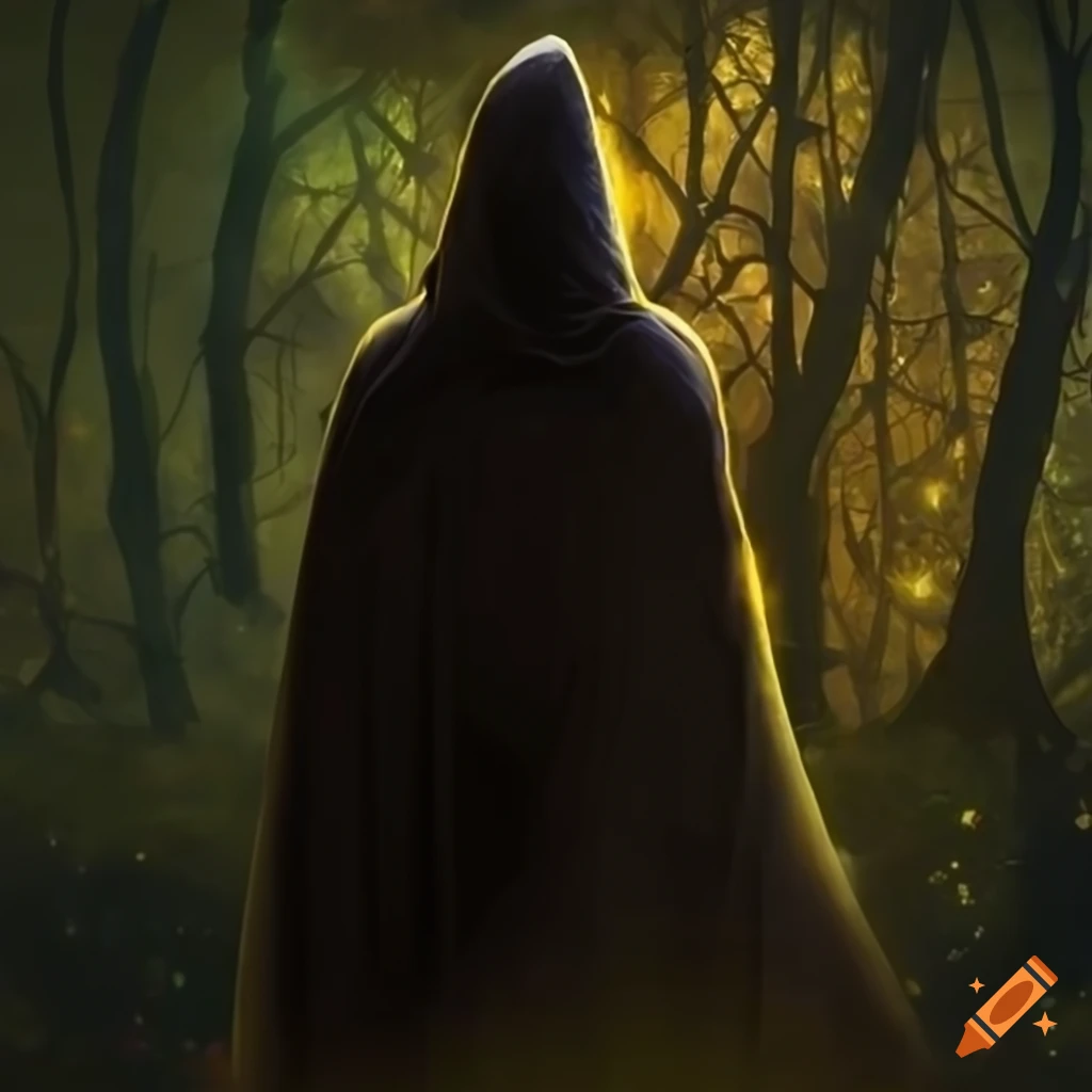 Figure in a detailed hooded cloak walking through an enchanted forest ...