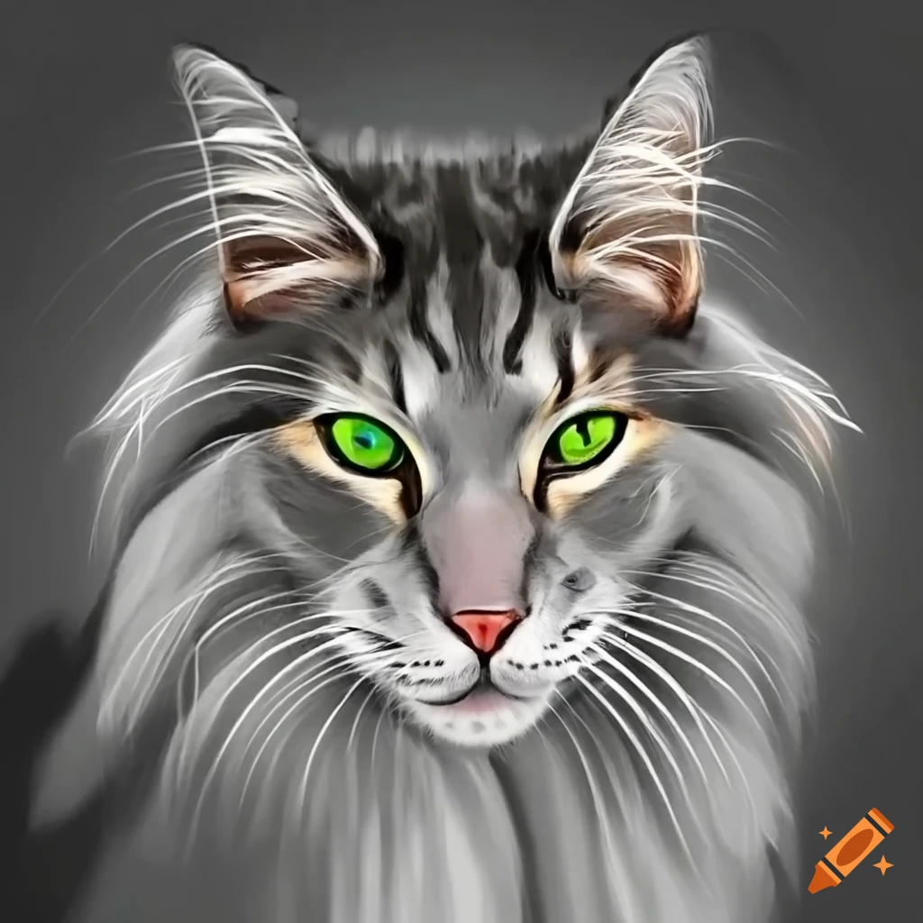 Detailed light gray main coon cat with green eyes on Craiyon