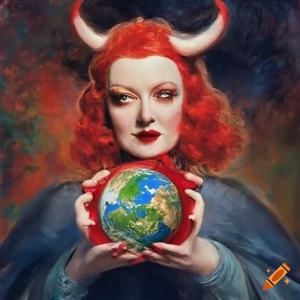 Marion davies with devil horns holding the planet earth in space ...
