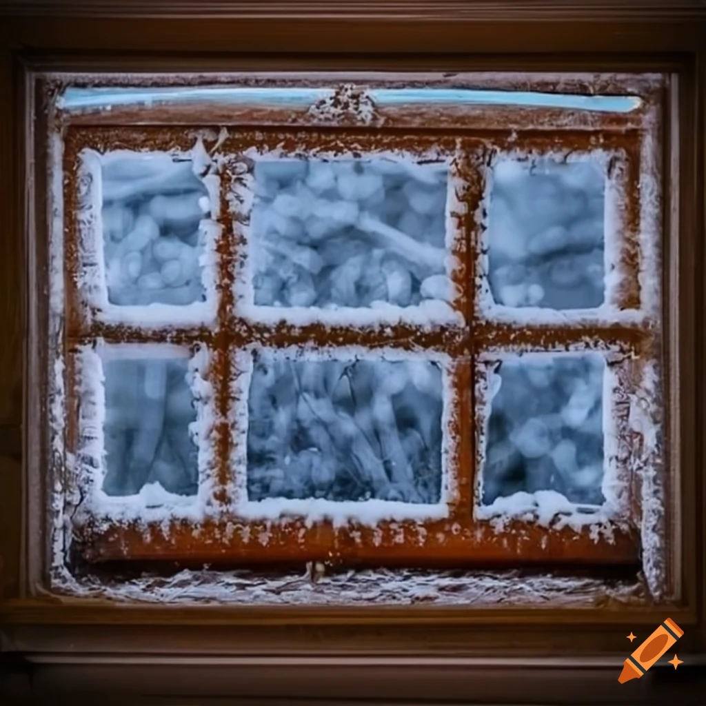 Decorated old window with romantic snowing landscape view on Craiyon