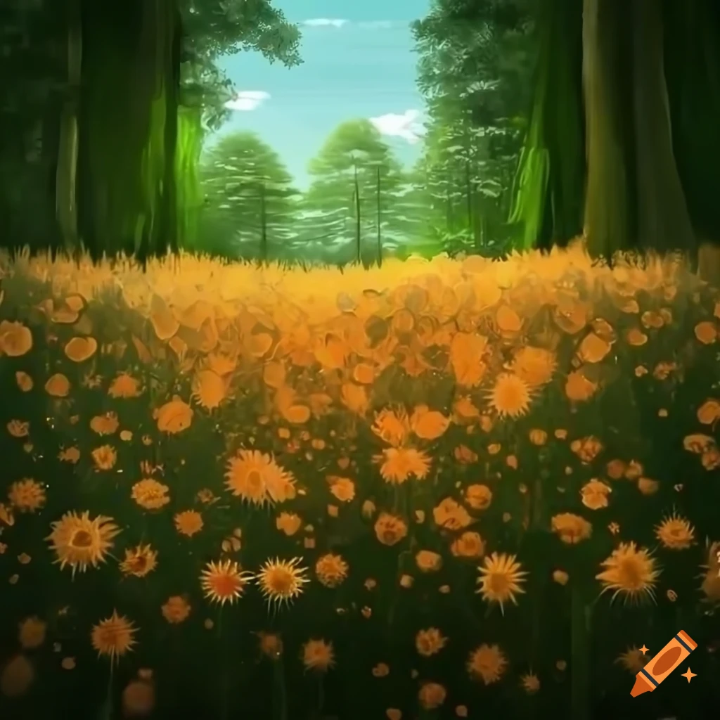 Highly detailed blooming flower-field surrounded by woods in warm light ...