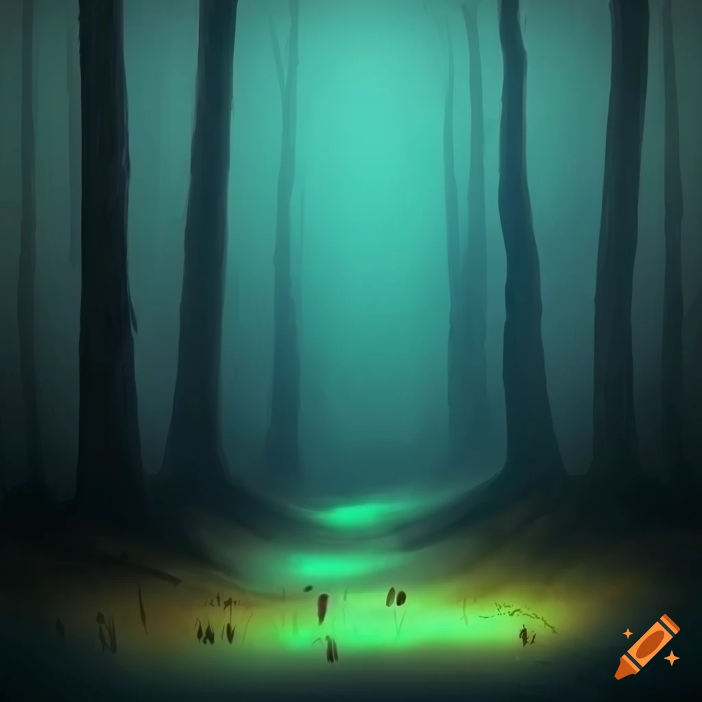 Path lit by fireflies in a dark forest leading towards a distant glow ...