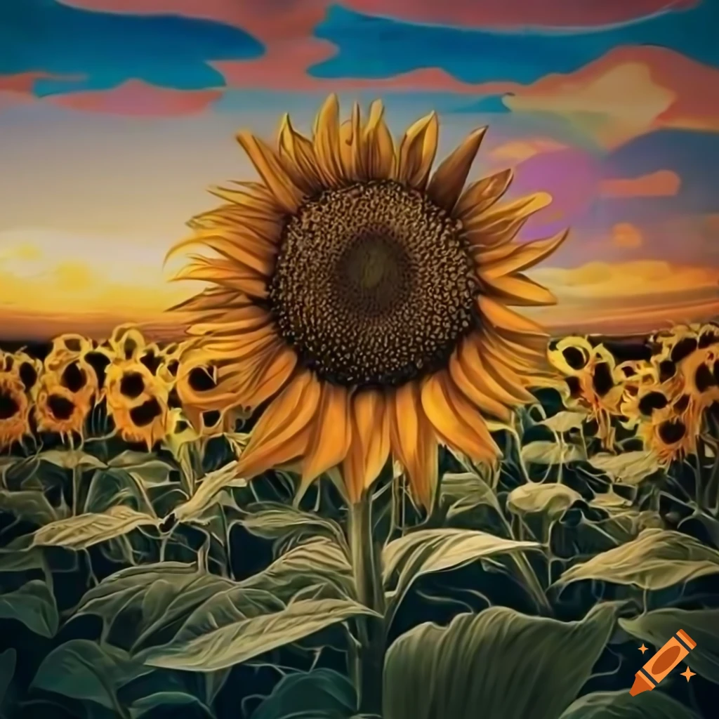 Detailed drawing of sunflowers in a vibrant landscape on Craiyon