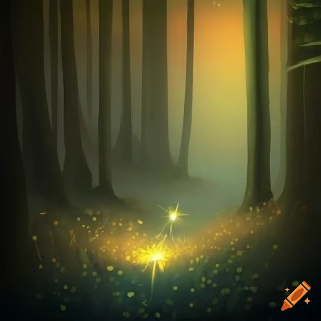Path lit by fireflies through a glowing forest in photo-realistic ...