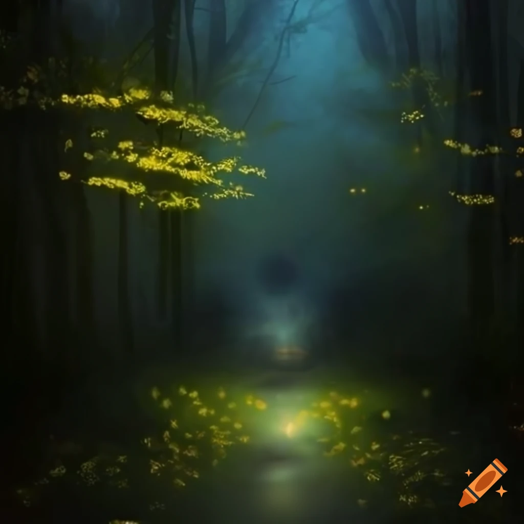 Realistic forest path lit by fireflies with glowing silver and gold ...