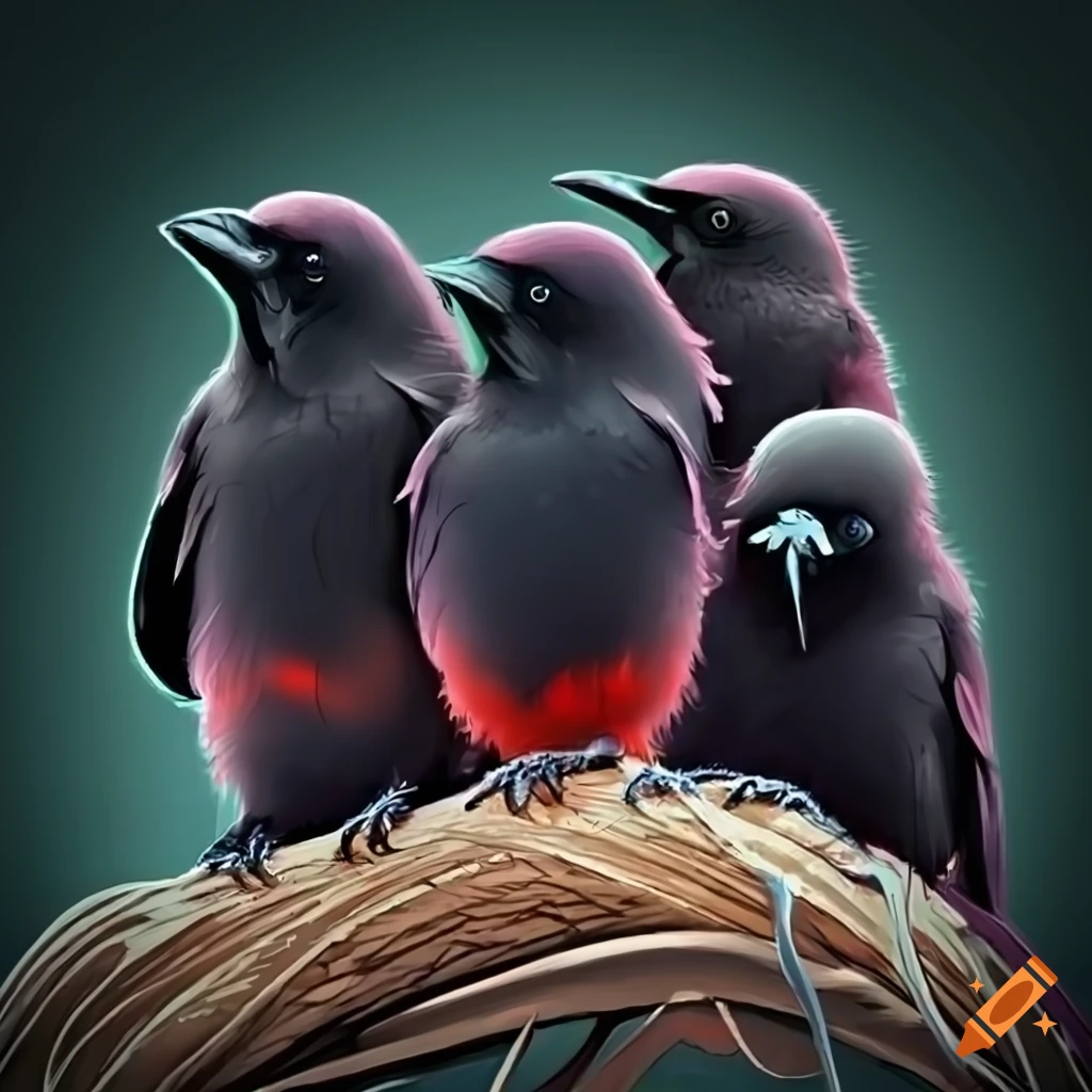 Adorable black and red crow family with detailed fluffy feathers and ...