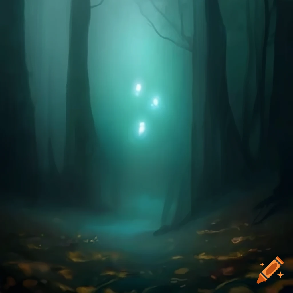 Glowing will-o'-the-wisp flying through a ghostly forest towards a ...