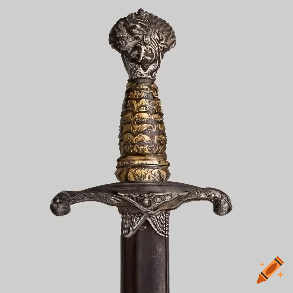 Ornate silver sword with wolf head pommel and curved cross guard on Craiyon