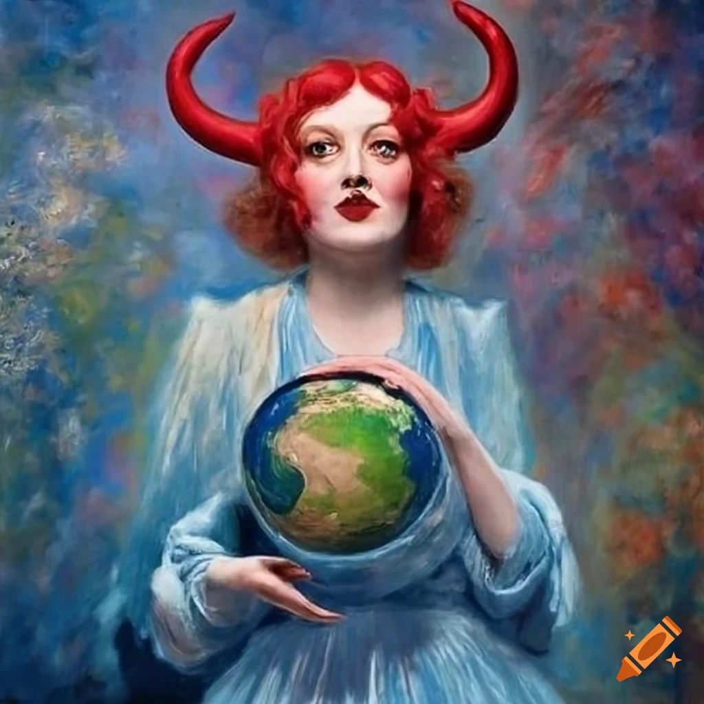 Marion Davies with devil horns holding the planet Earth in space ...