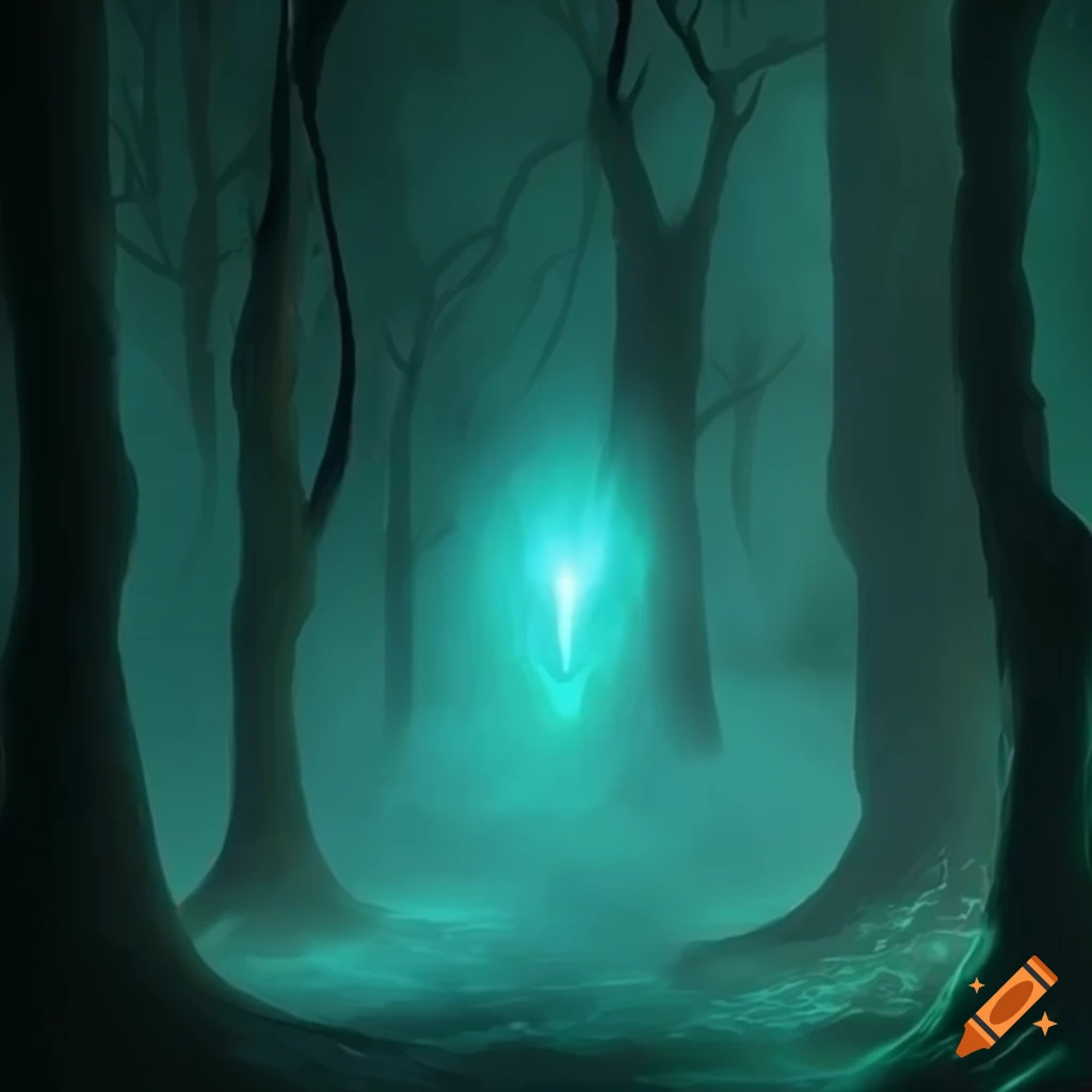 Glowing will-o'-the-wisp in a ghostly forest with a glow in the ...