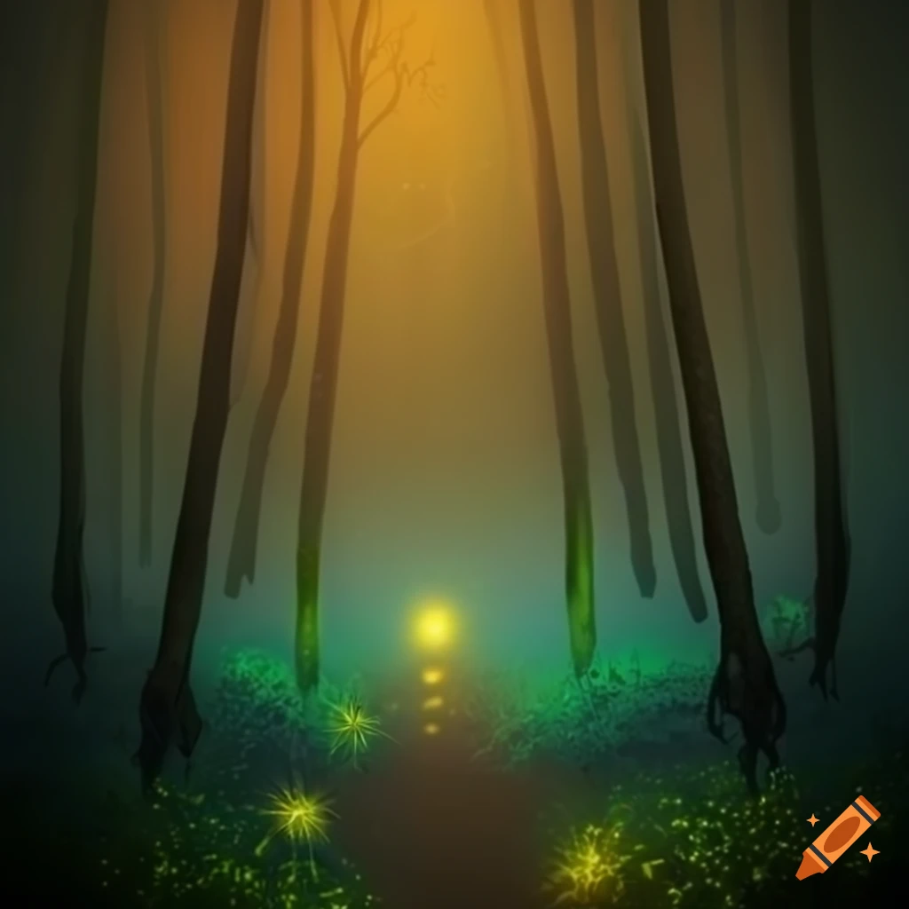 Photo-realistic forest path lit by fireflies with glowing silver and ...