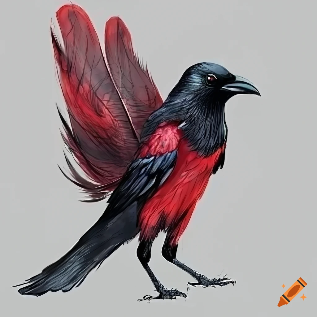 Adorable black and red crow with detailed fluffy feathers and ...