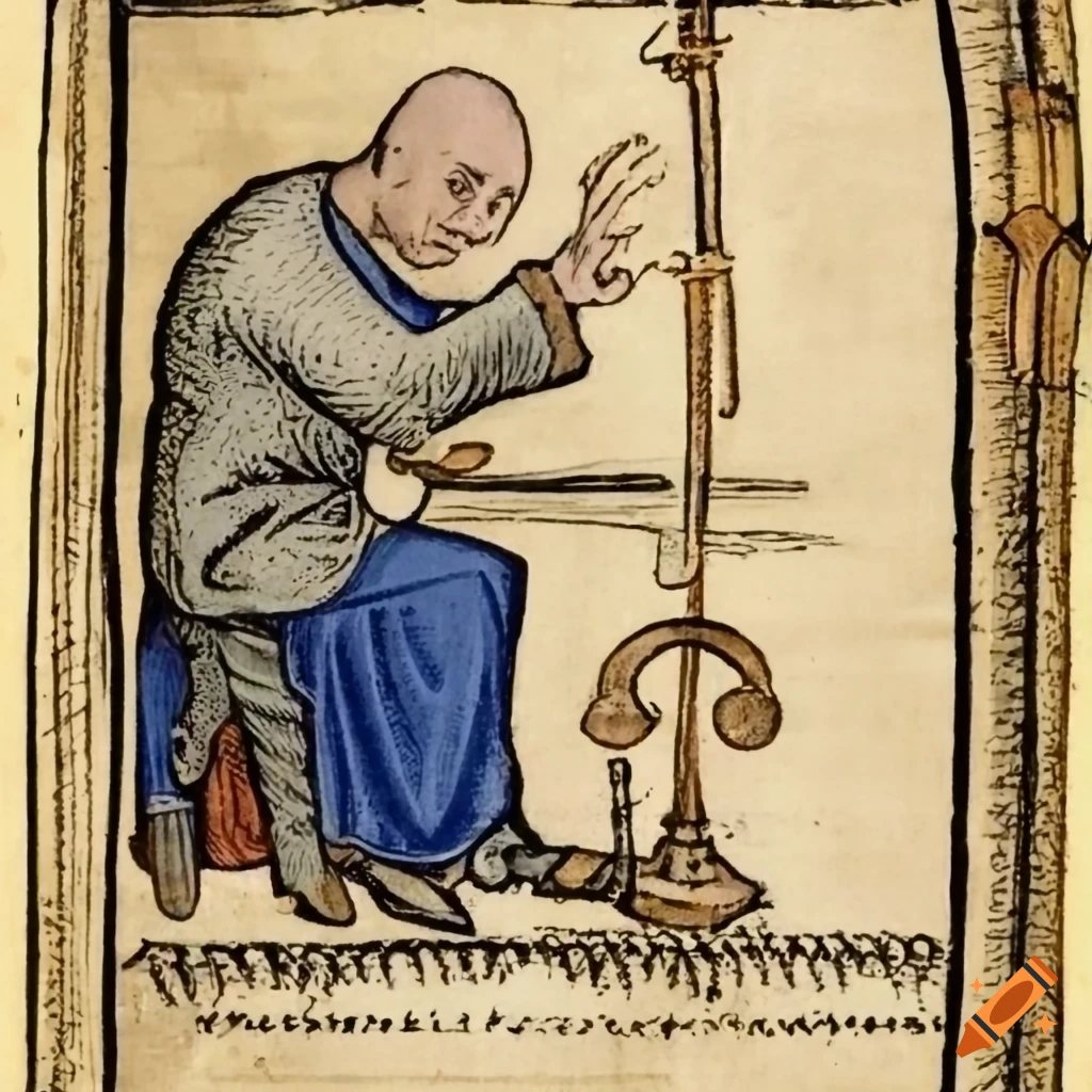 Medieval manuscript illustration of a bald man with glasses doing ...