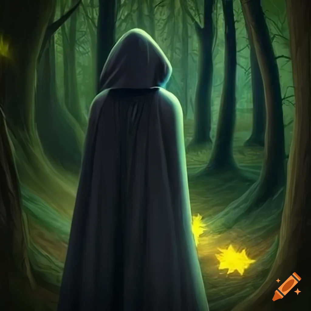 Figure in a detailed hooded cloak walking through an enchanted forest ...