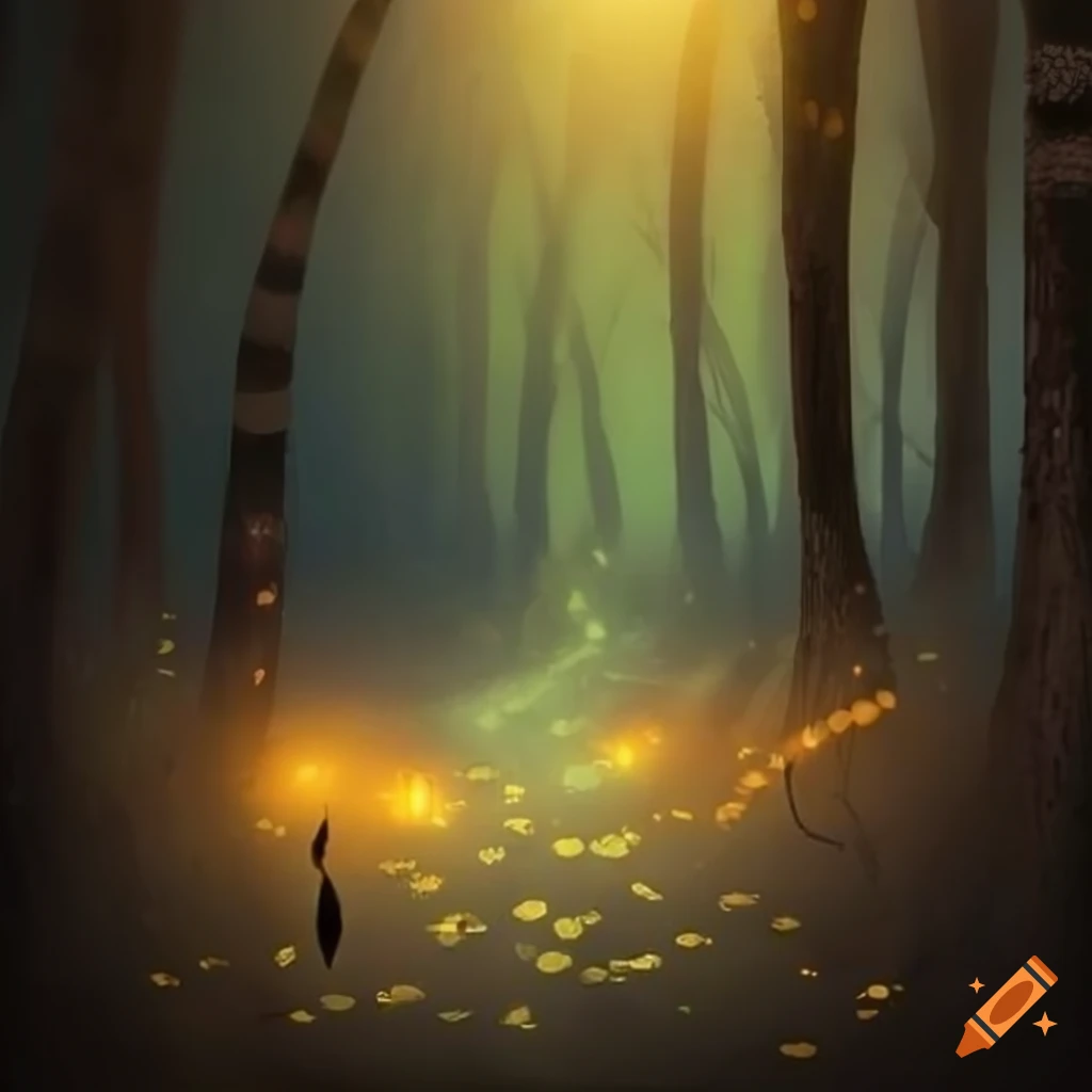 Path lit by fireflies through a glowing forest in photo-realistic ...