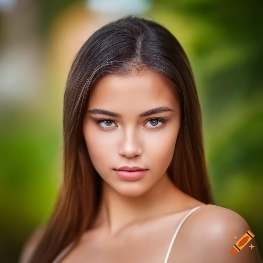 Close-up of a young woman's symmetrical attractive face on Craiyon