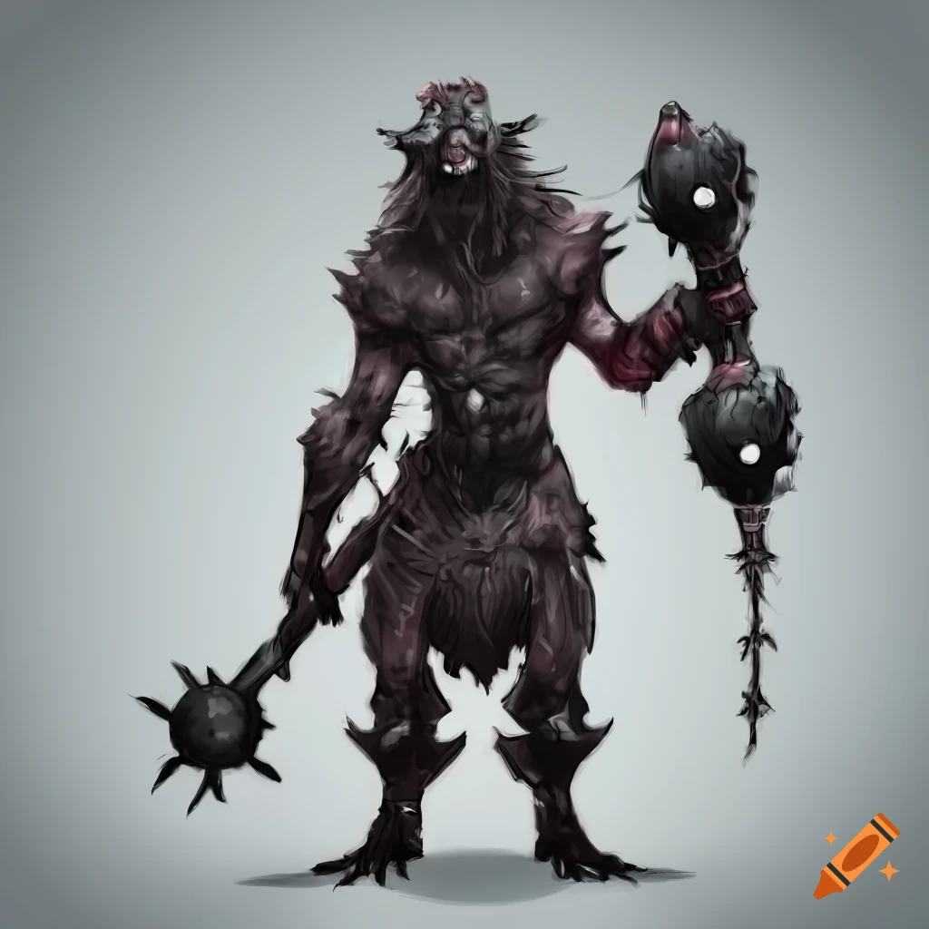 Black and purple monster holding a mace on white background on Craiyon