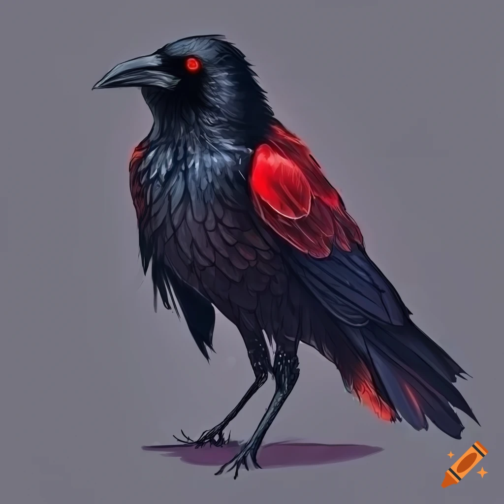 Adorable black and red crow with detailed fluffy feathers and ...