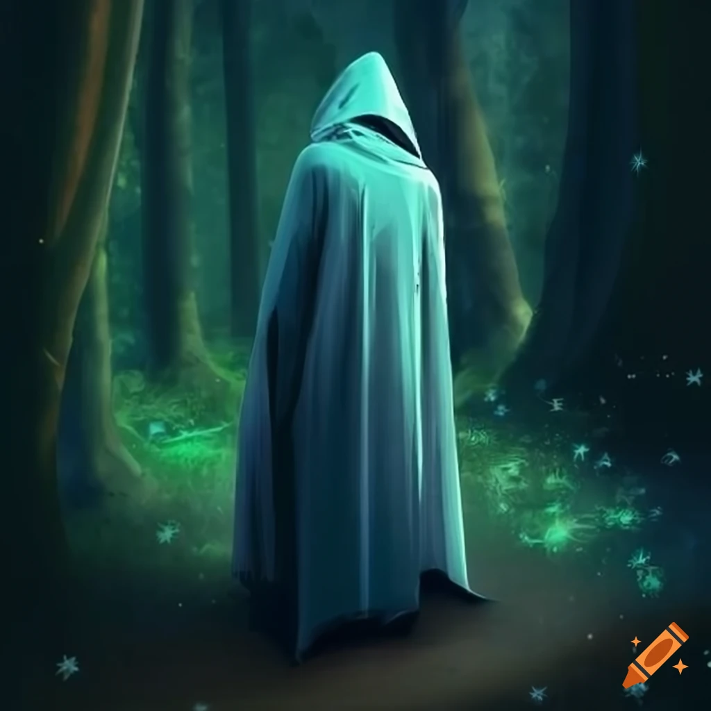 Figure in a detailed hooded cloak walking through an enchanted forest ...
