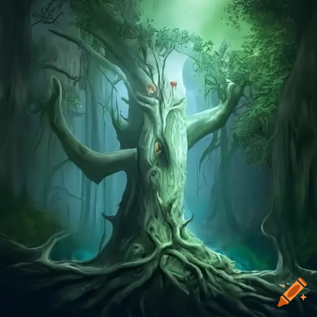 Fantasy tree spirit monster design with sharp contrasts on Craiyon
