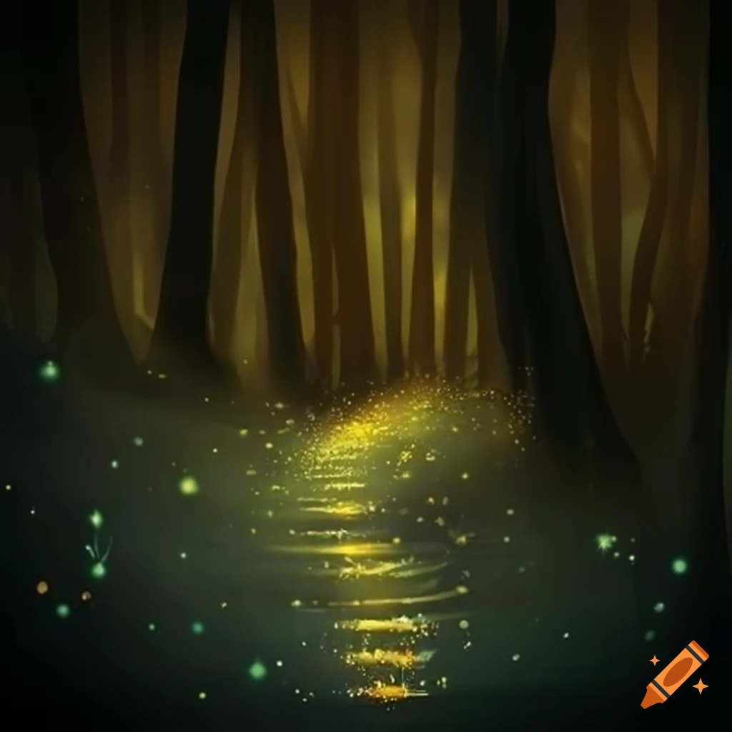 Photo-realistic forest path lit by fireflies with glowing silver and ...