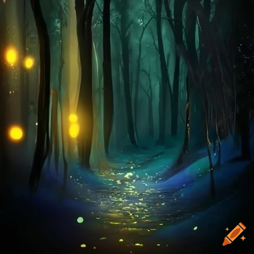 Illustration of a firefly-lit path through a forest with glowing silver ...