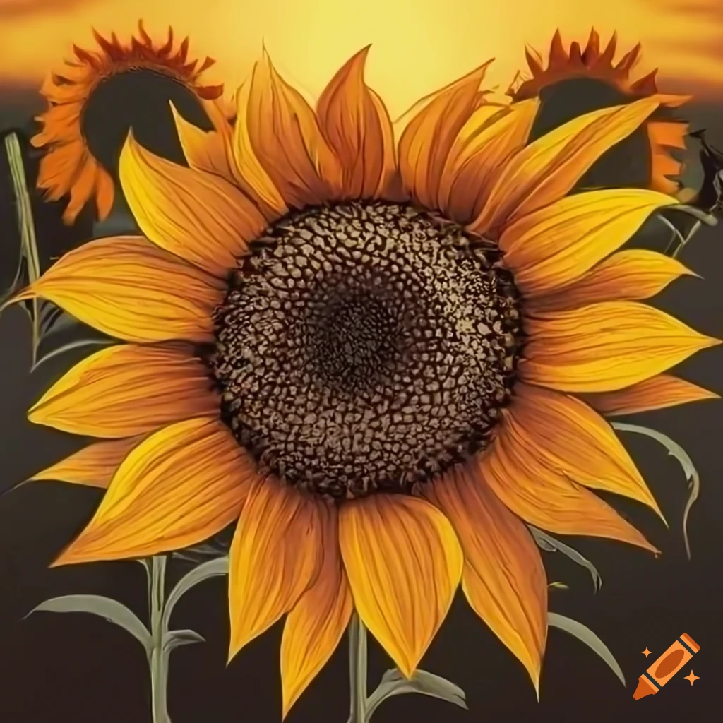Detailed drawing of sunflowers in a symmetrical field with warm light ...