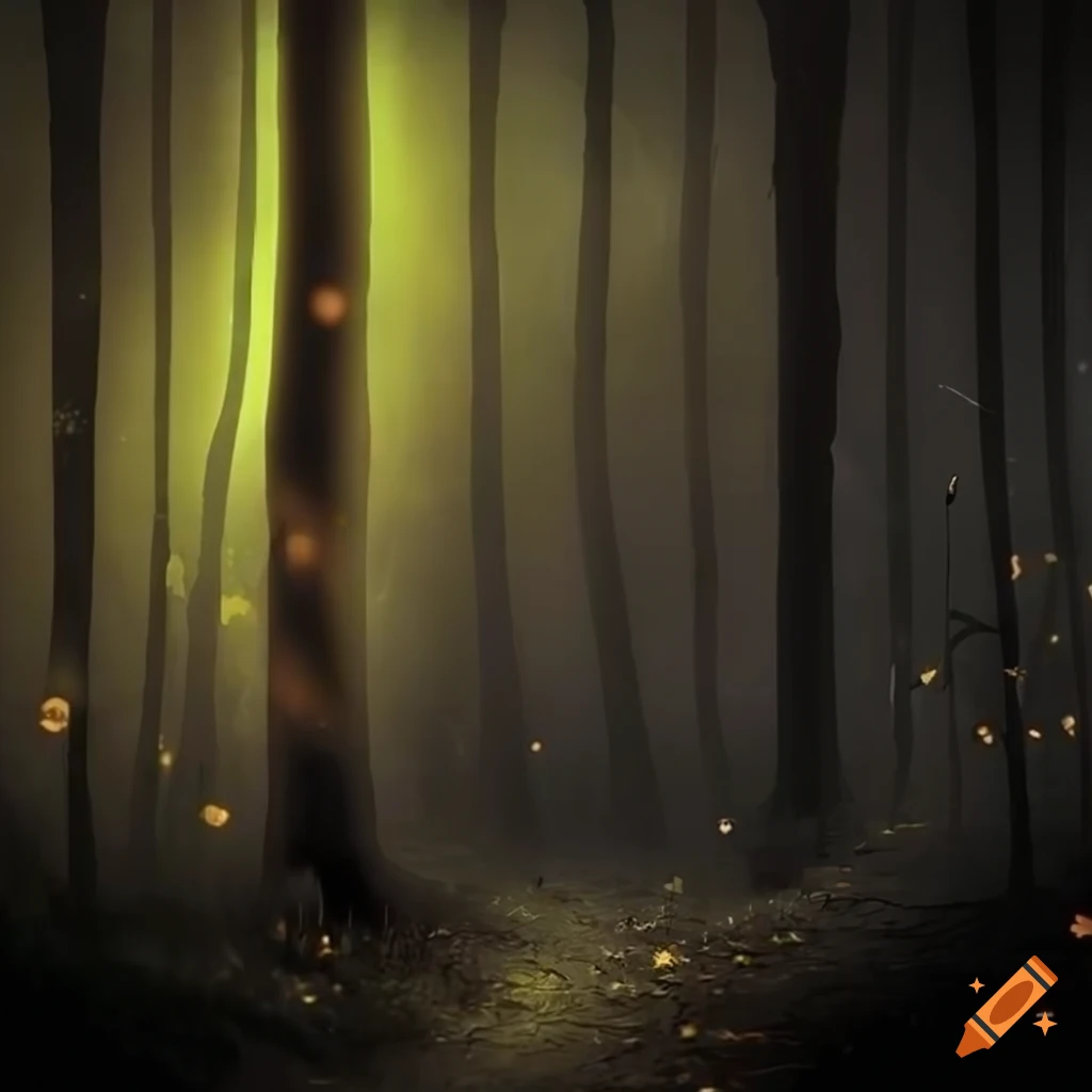 Illustration of a firefly-lit path through a forest with glowing silver ...
