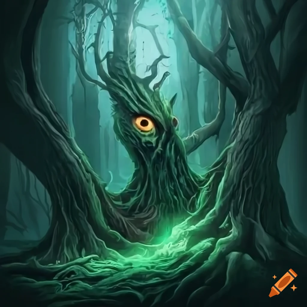 Fantasy tree spirit monster design with sharp contrasts on Craiyon
