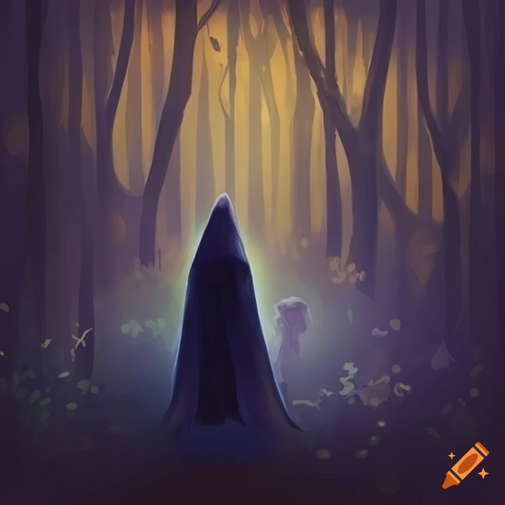 Figure in detailed hooded cloak walking through an enchanted forest on ...
