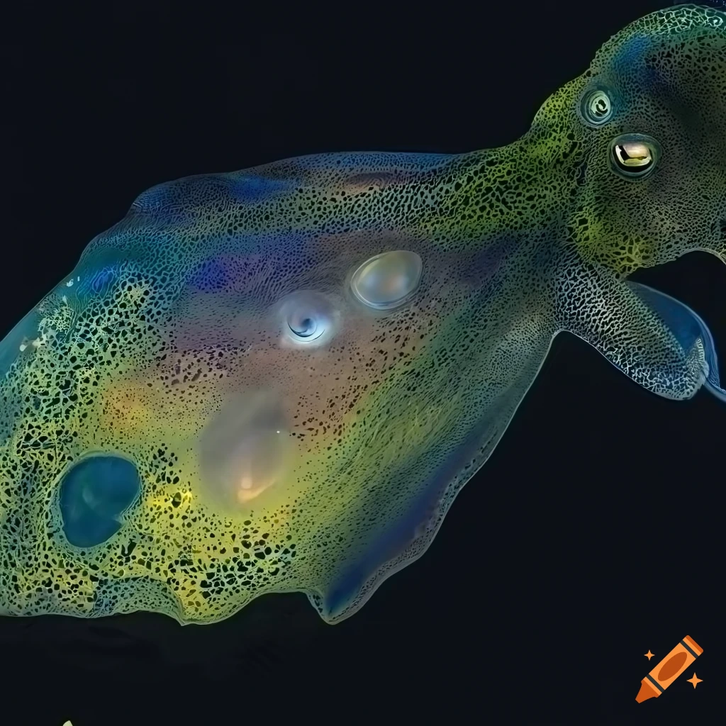 Translucent fantasy creature with iridescent skin and intricate tail ...