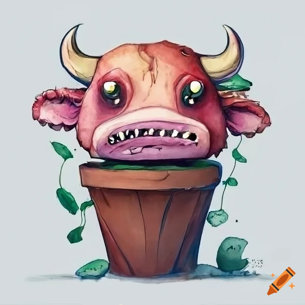 Adorable cow plant monster growing from a flowerpot with sharp teeth ...