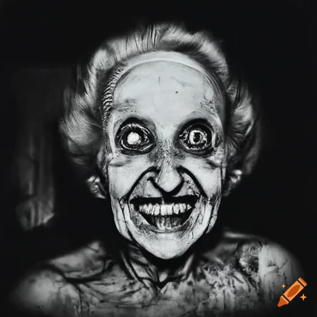 Creepy old lady smiling in a cracked and grungy portrait on Craiyon