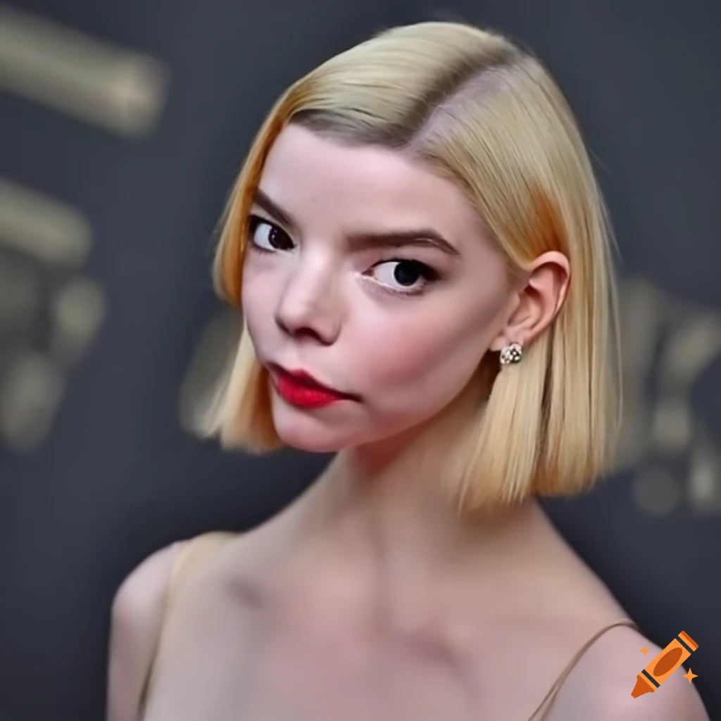 Anya taylor-joy with bob haircut wearing gold satin blouse on Craiyon