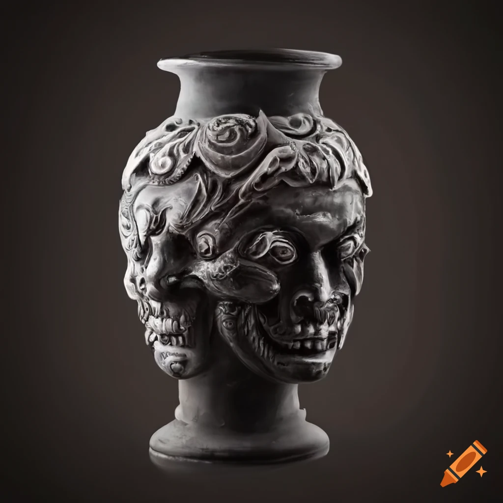 Ancient black stone vase with demon and roses design on Craiyon