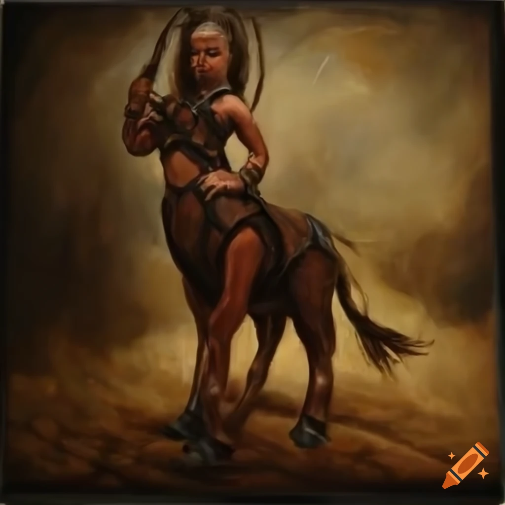 Young centaur warrior in a body harness depicted in cinematic oil painting on Craiyon