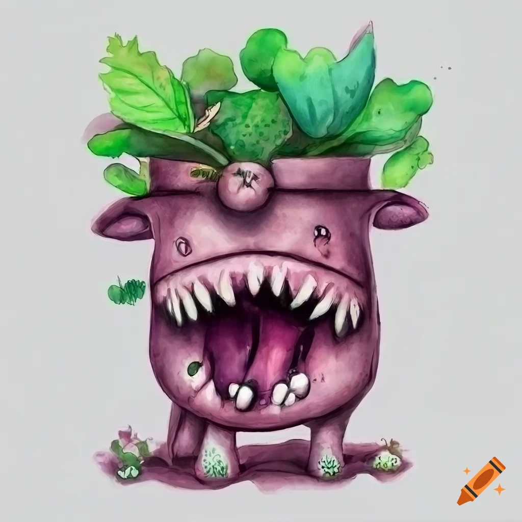 Stylized drawing of an adorable cow plant monster growing from a ...