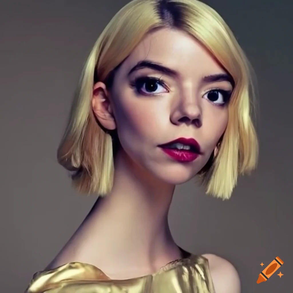 Anya taylor-joy with bob haircut wearing gold satin blouse on Craiyon