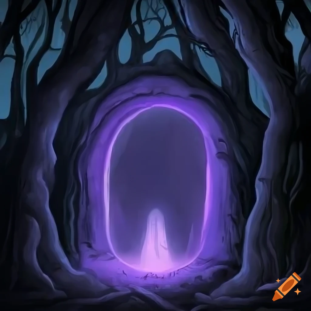 Ghostly portal in a scary fairytale forest at twilight on Craiyon
