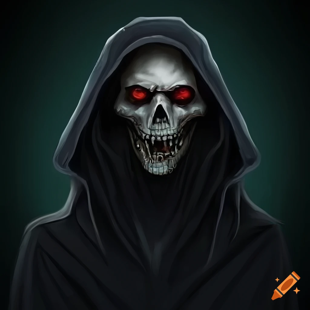 Grim reaper design with piercing green eyes and symmetrical details on ...