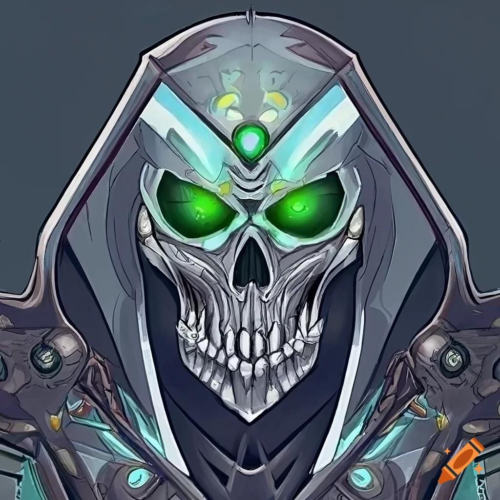 Sci-fi grim reaper with expressive green eyes on Craiyon