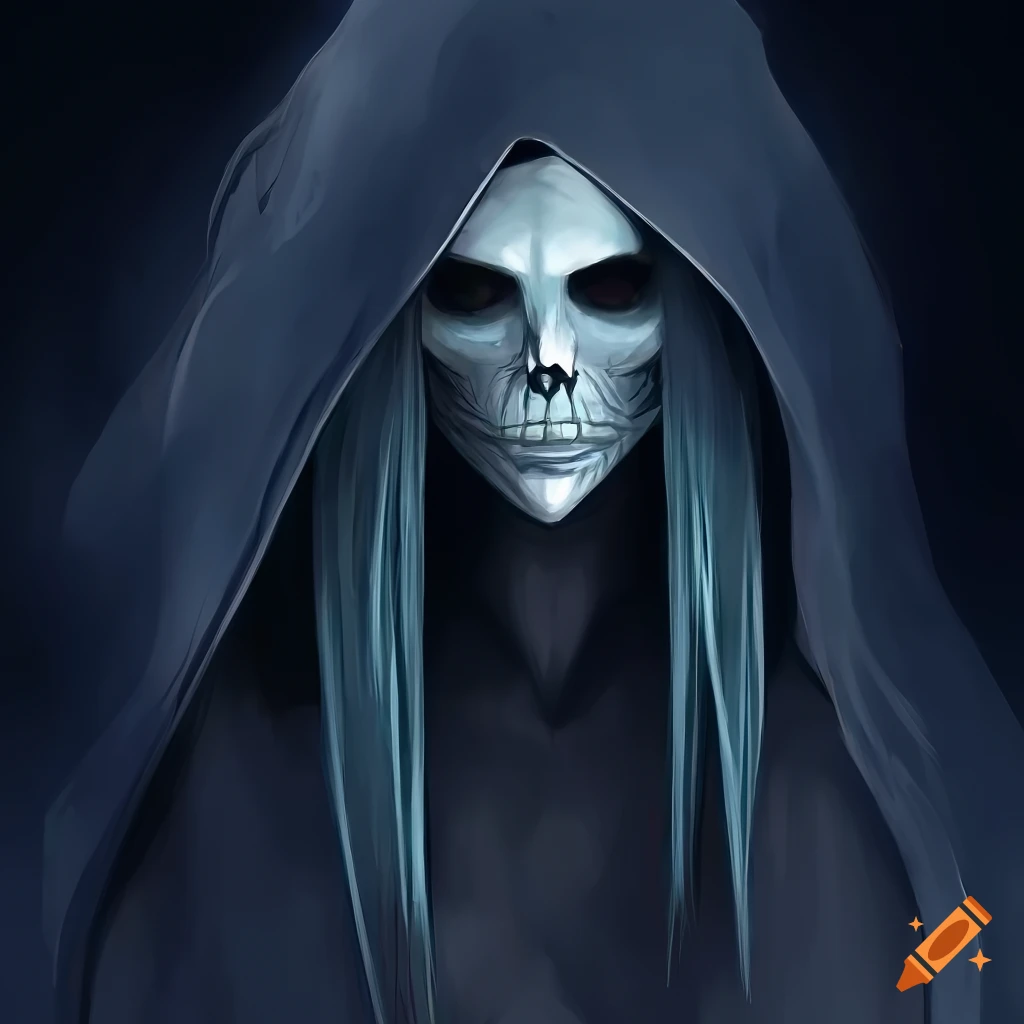 Illustration of the grim reaper with detailed hands and piercing green ...